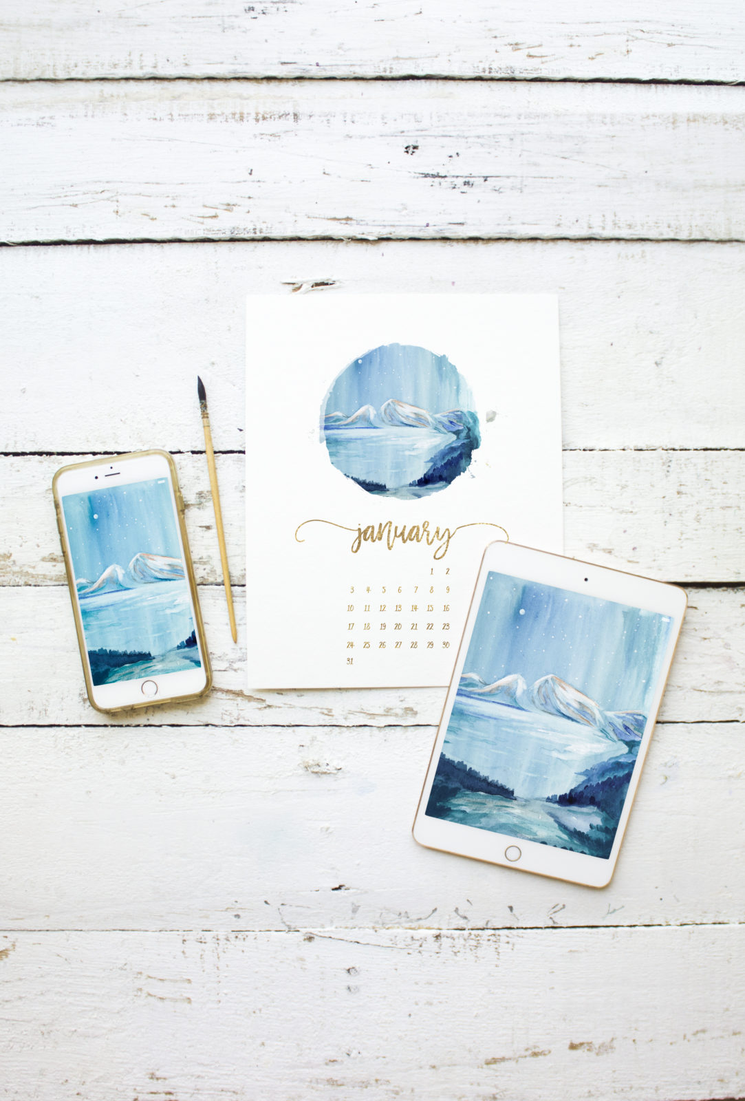 Northern Light Glow Over Winter Mountain & Lake Watercolor Painting ...